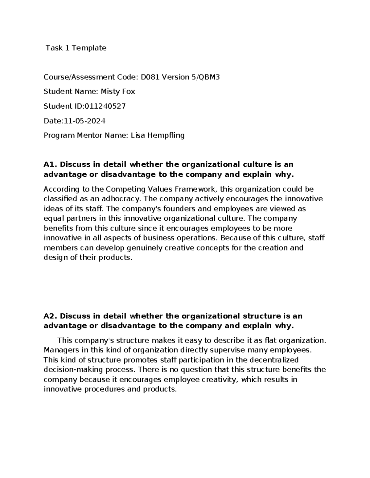 Document 4 - task 1 - Task 1 Template Course/Assessment Code: D081 ...