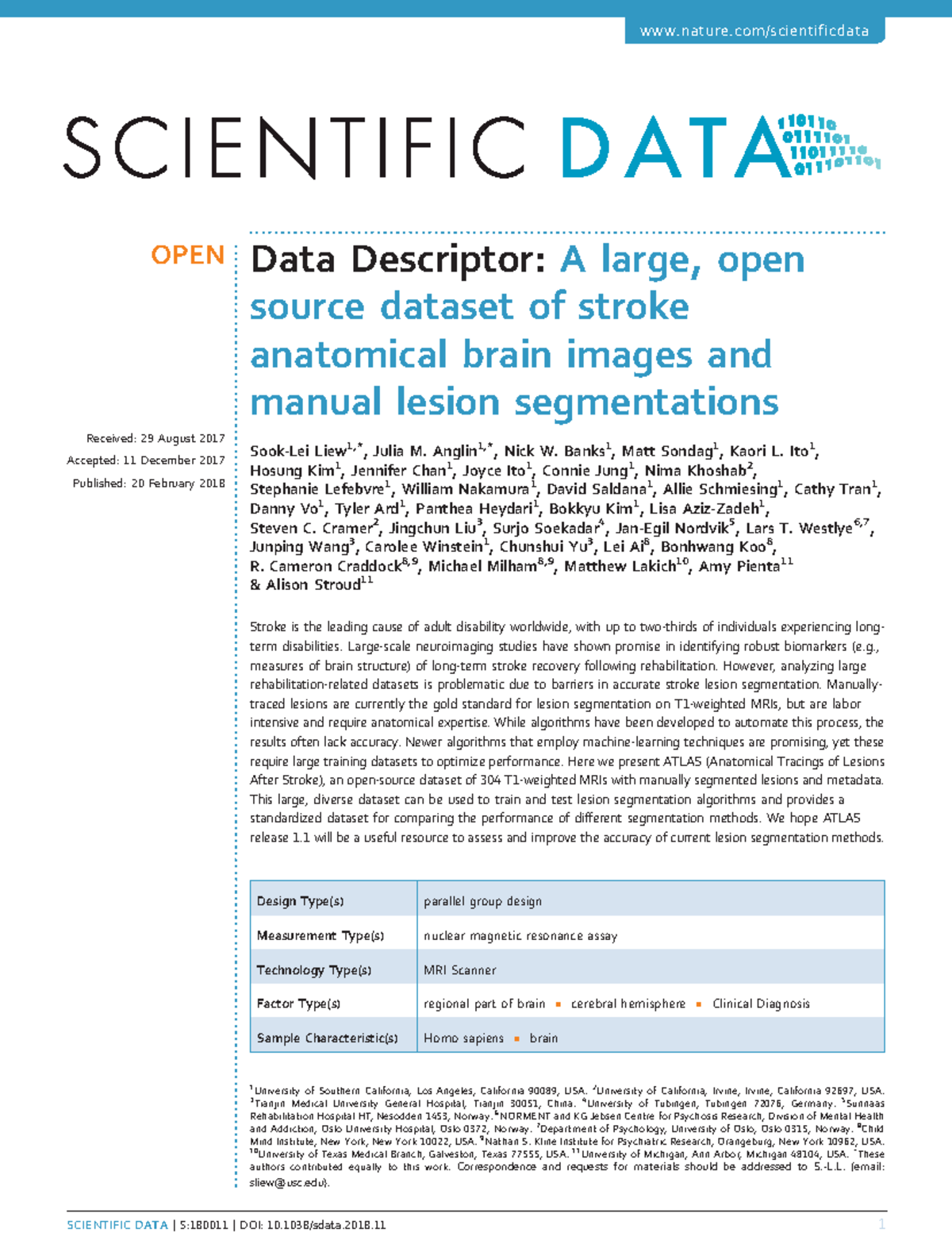 Sdata 2018 11 - Data Descriptor: A large, open source dataset of stroke ...