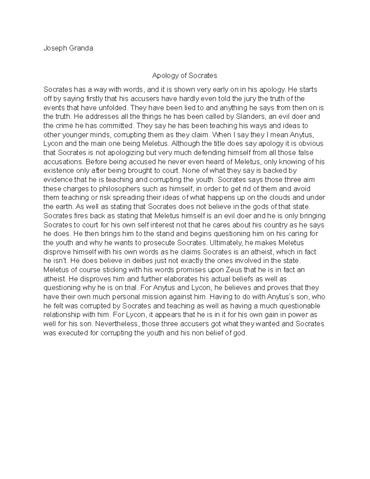 Apology of Socrates- Joseph Granda - Joseph Granda Apology of Socrates ...