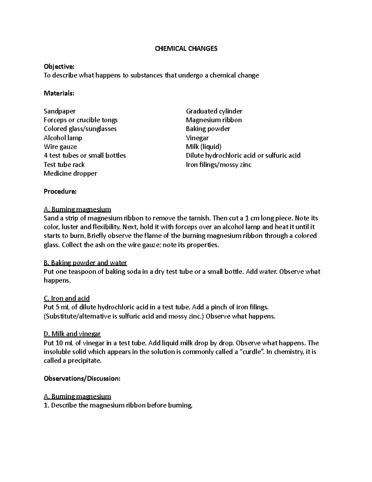 Chemical Changes - Science - CHEMICAL CHANGES Objective: To describe ...