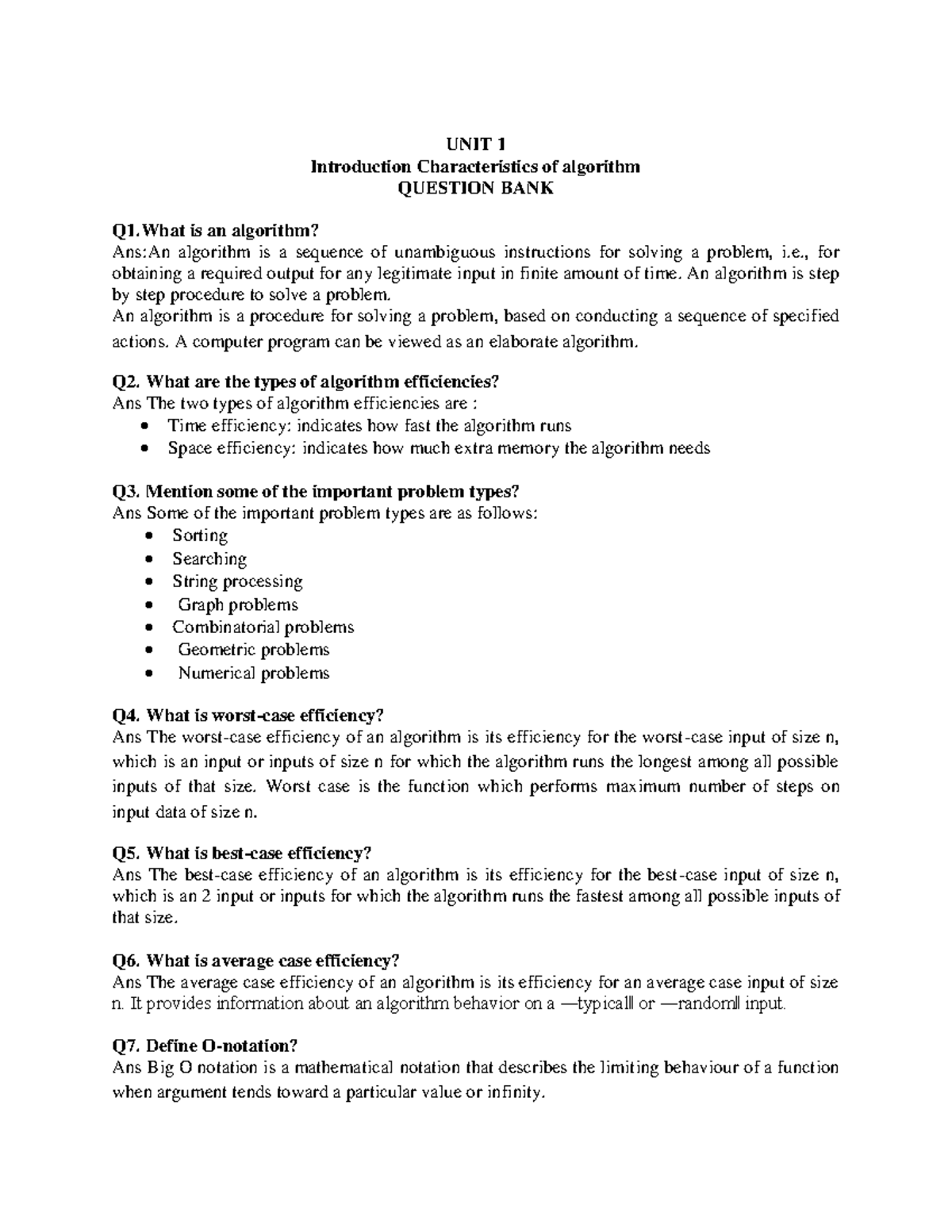 Question BANK Unitwise DAA - UNIT 1 Introduction Characteristics of algorithm QUESTION BANK Q1 ...