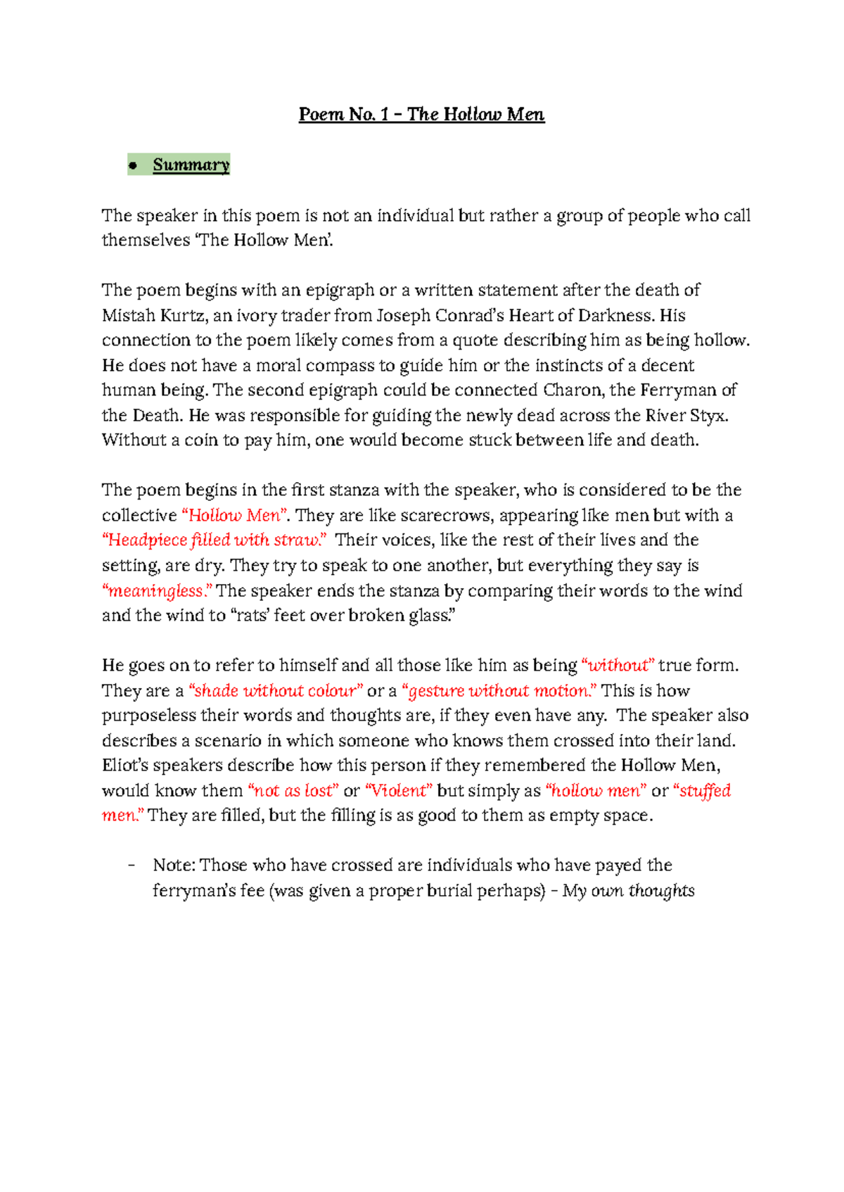 Eng Mod B - T.S Eliot Poems - Poem No. 1 - The Hollow Men Summary The ...