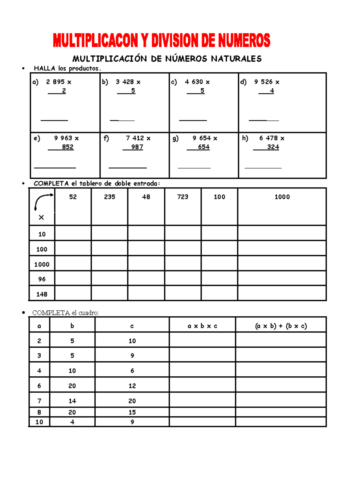 Multiplicacion Y Division De Numeros Para Sexto Grado De Primaria