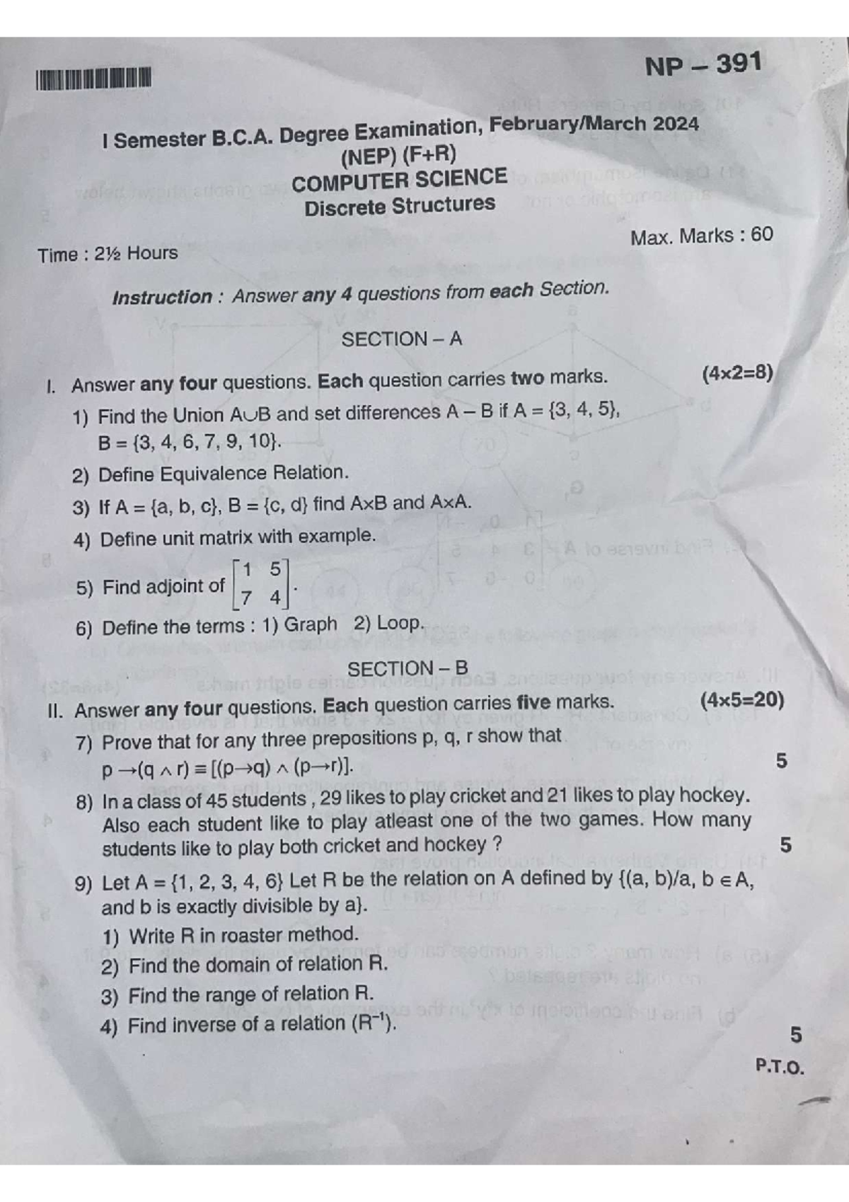 IMG 6820 BCA FIRST SEM QUESTION PAPER Discrete Structures 1