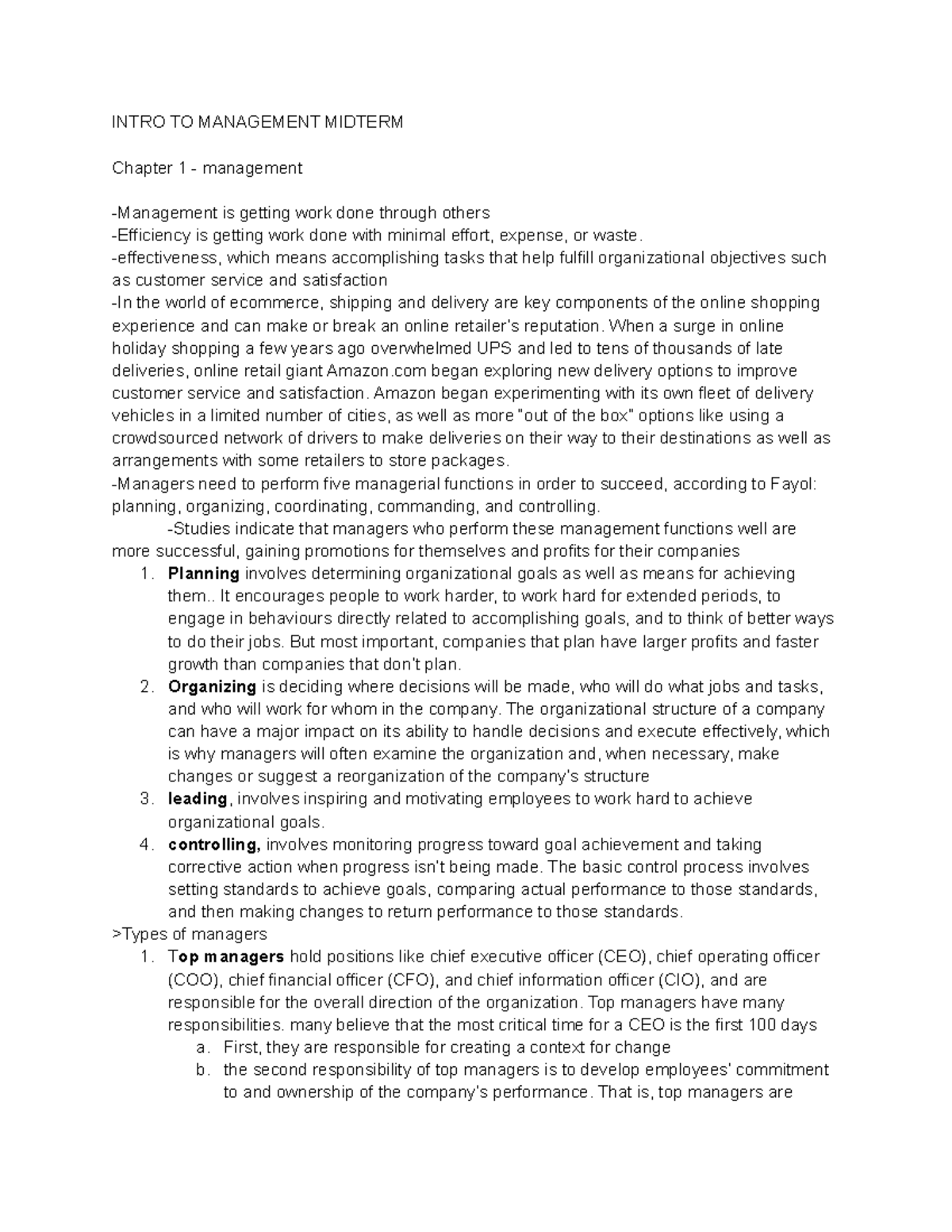 Intro TO Management Midterm - INTRO TO MANAGEMENT MIDTERM Chapter 1 ...