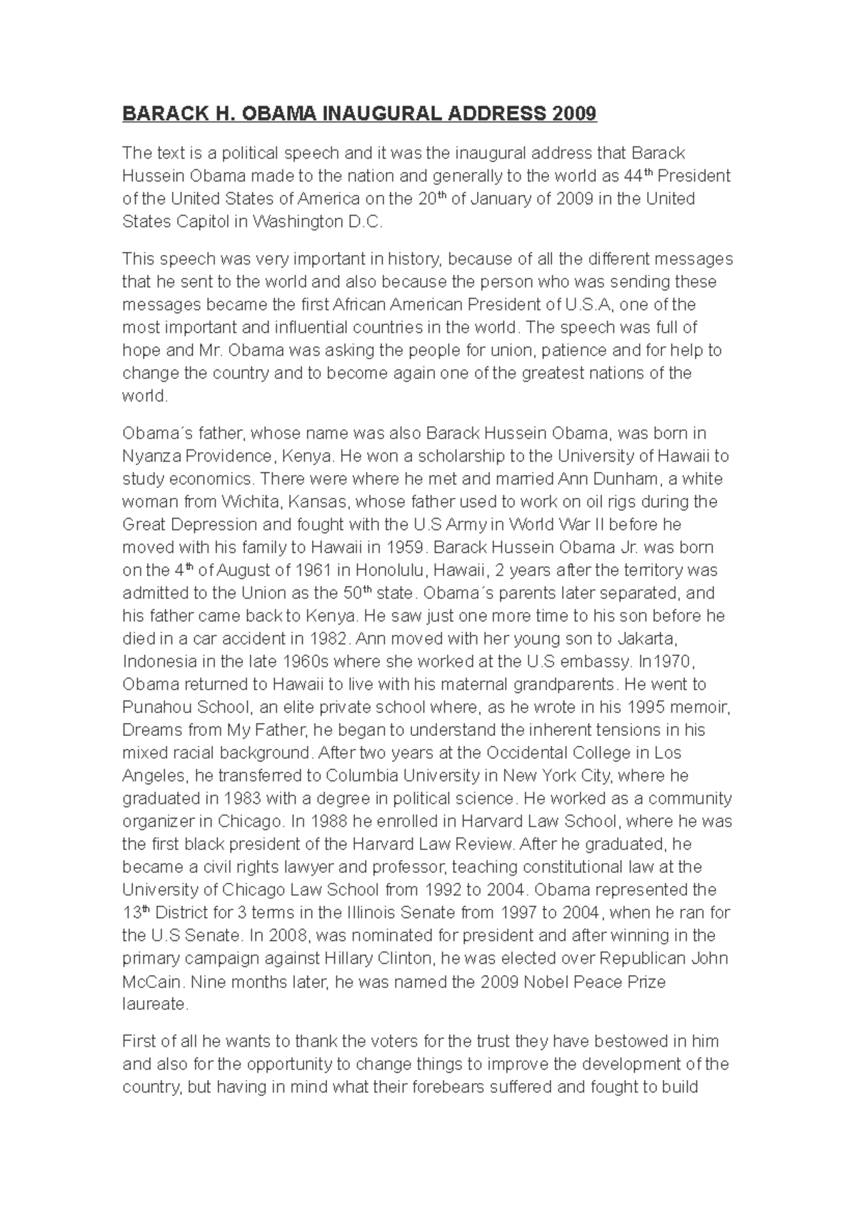 Barack Obama Inaugural - BARACK H. OBAMA INAUGURAL ADDRESS 2009 The ...