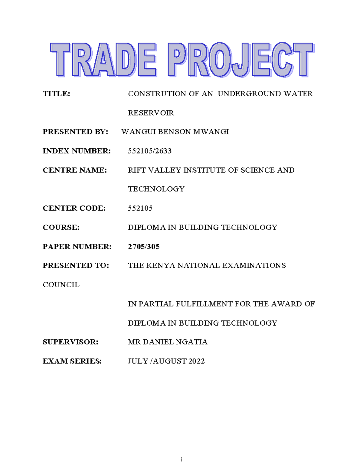 Benproject - TITLE: CONSTRUTION OF AN UNDERGROUND WATER RESERVOIR ...