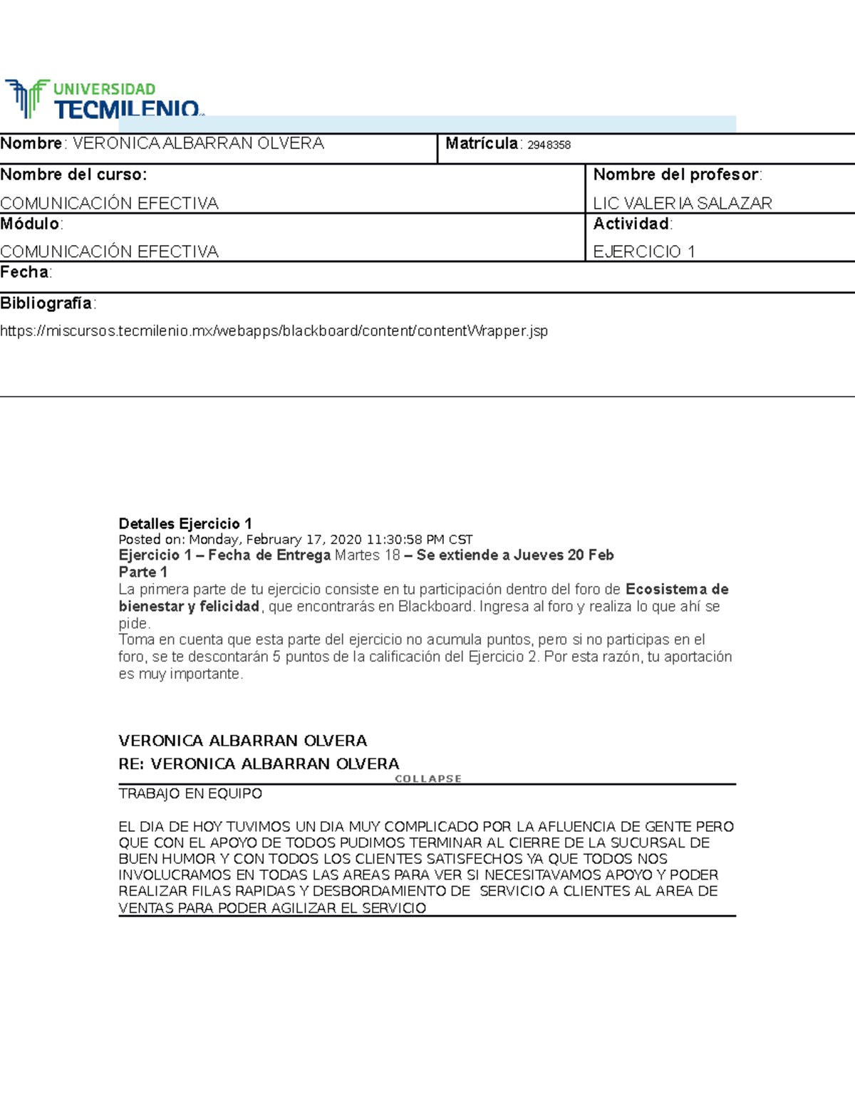 Ejercicio 1 Comunicacion Activa para la materia - Nombre : VERONICA ...