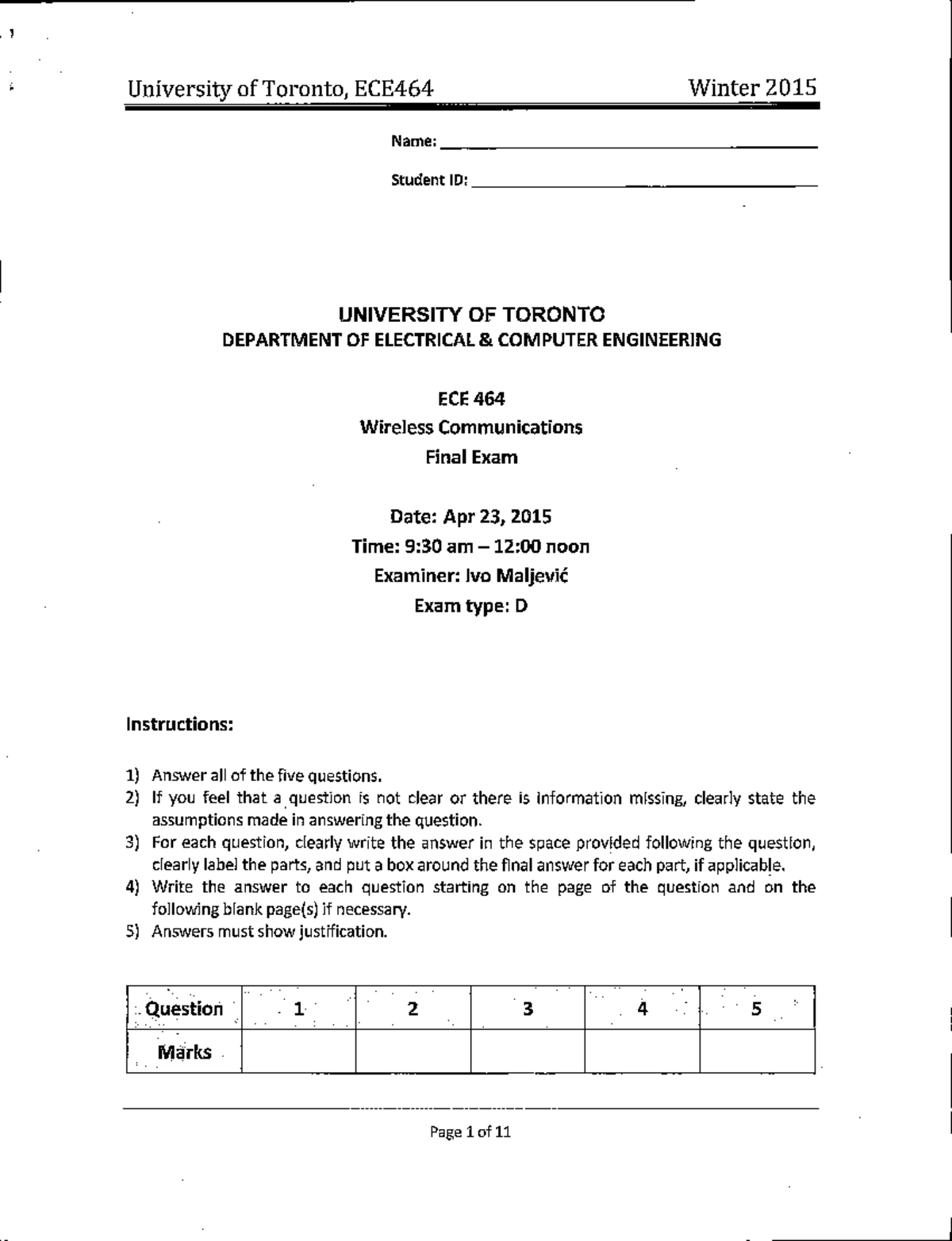 Exam 23 April 2015, questions - Final Exam - University of Toronto ...