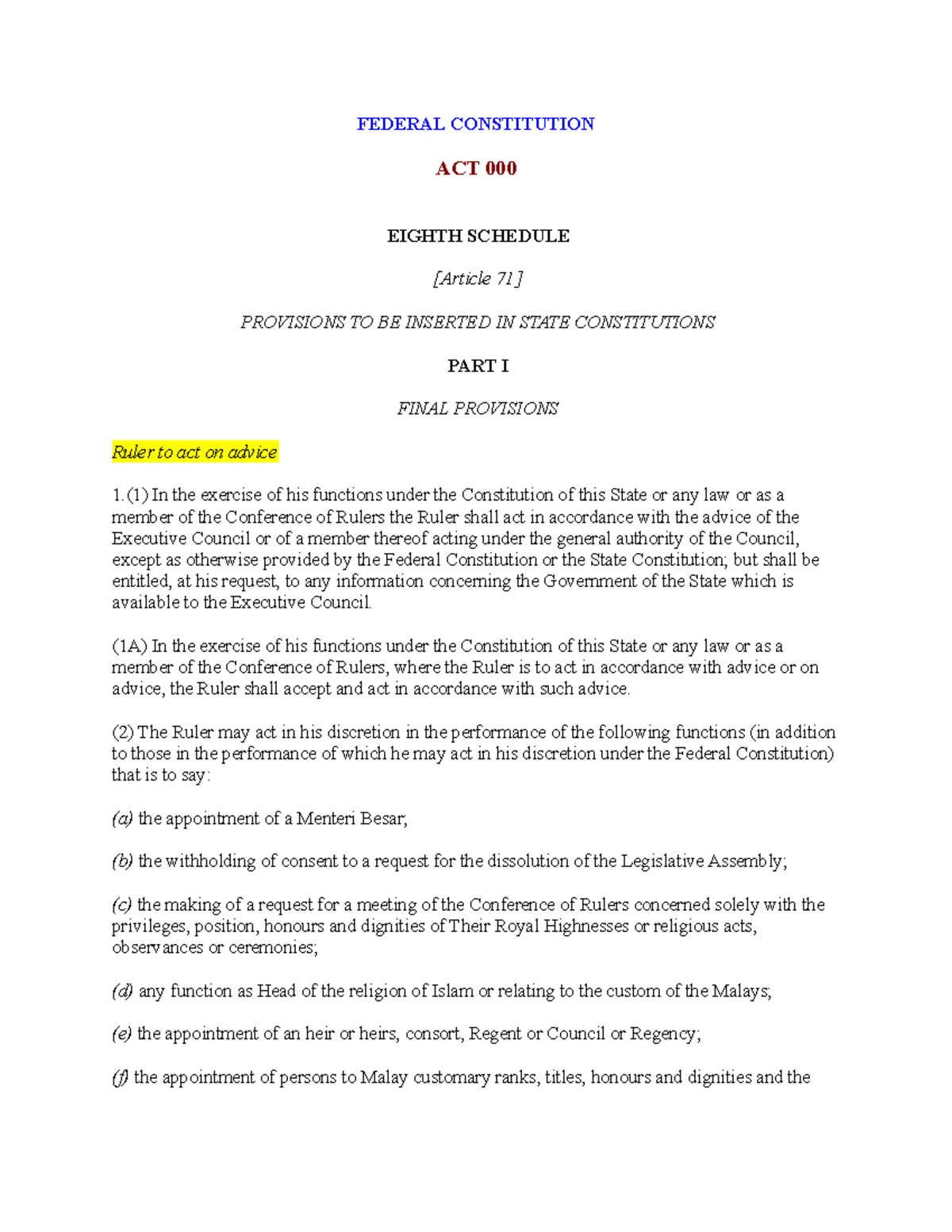 8th Schedule - Statute - FEDERAL CONSTITUTION ACT 000 EIGHTH SCHEDULE ...