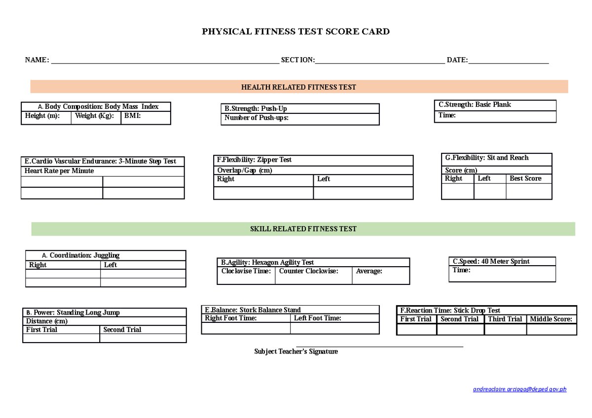 Physical Fitness TEST Score CARD - PHYSICAL FITNESS TEST SCORE CARD ...