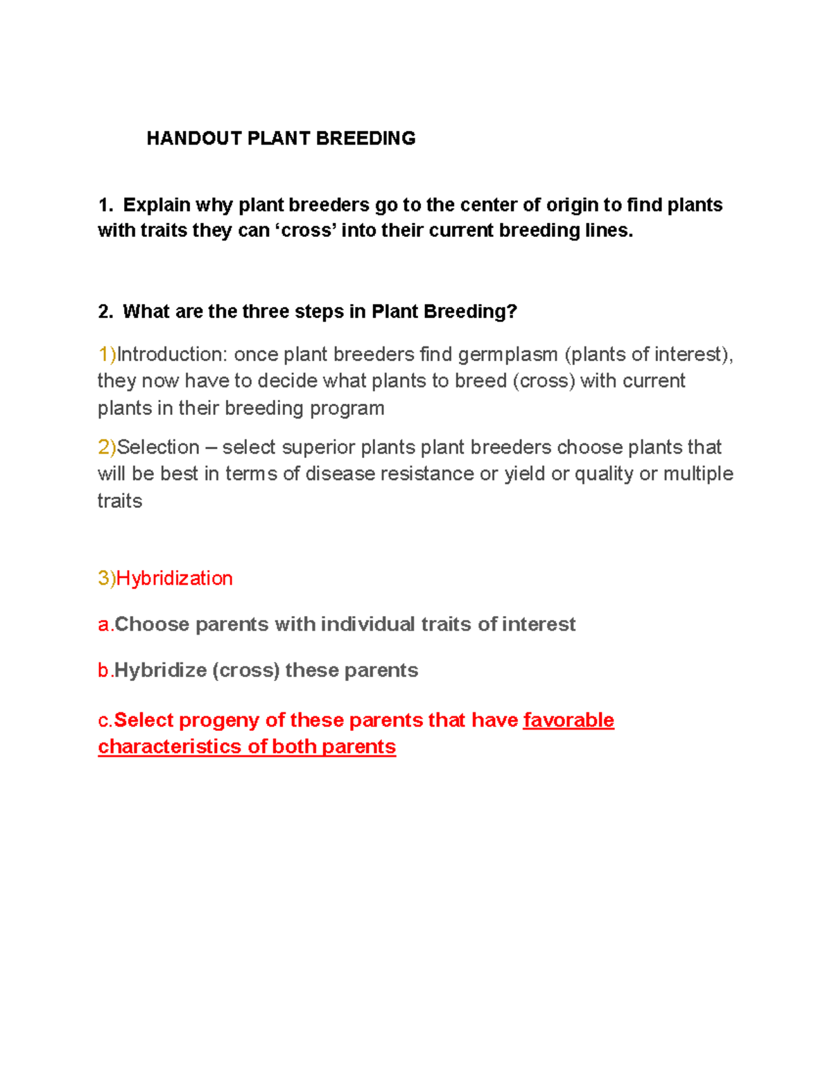 Handout Plant Breeding - HANDOUT PLANT BREEDING Explain why plant ...