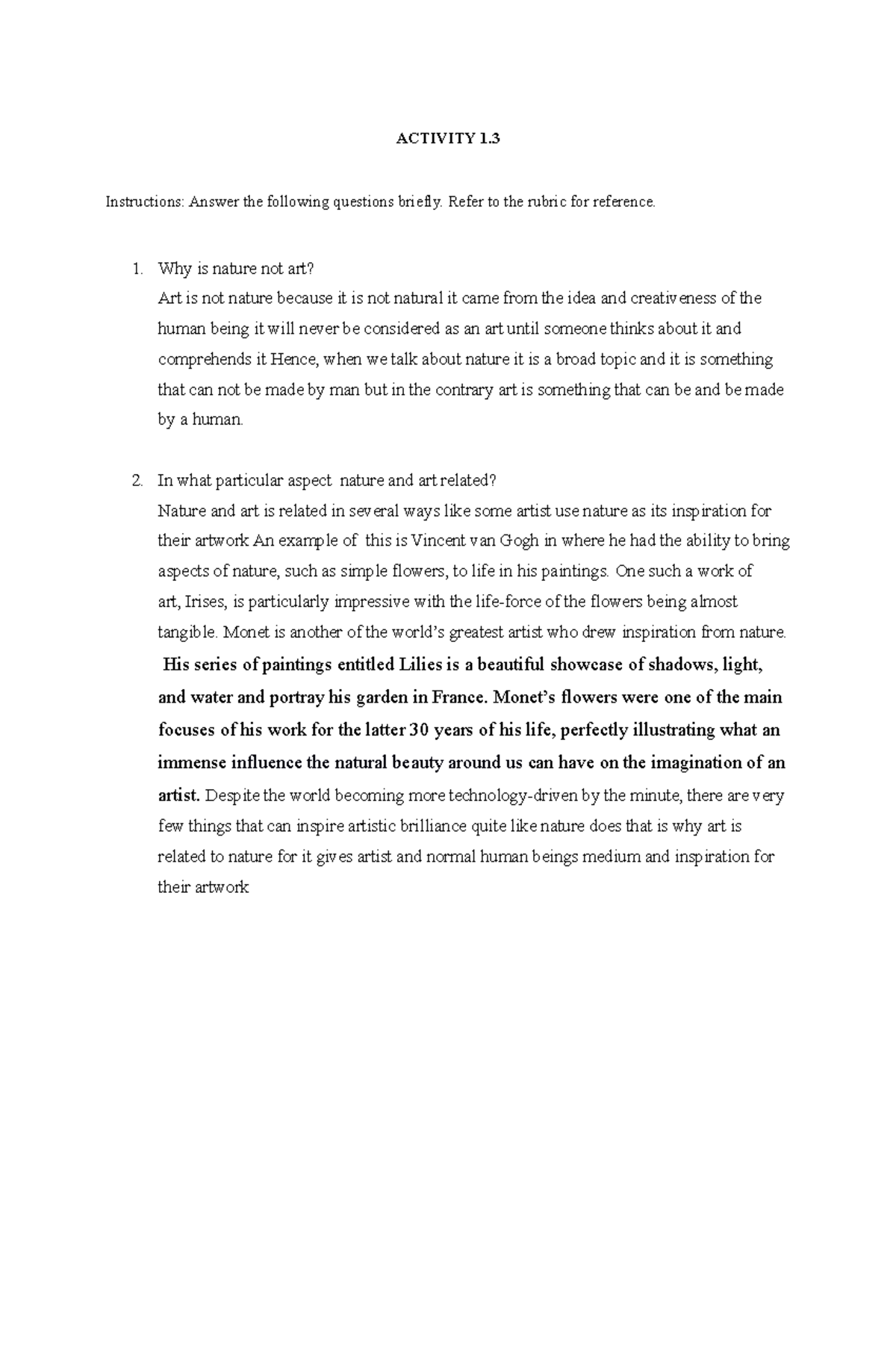 Module 1.3 Activity Humnities - ACTIVITY 1. Instructions: Answer the ...