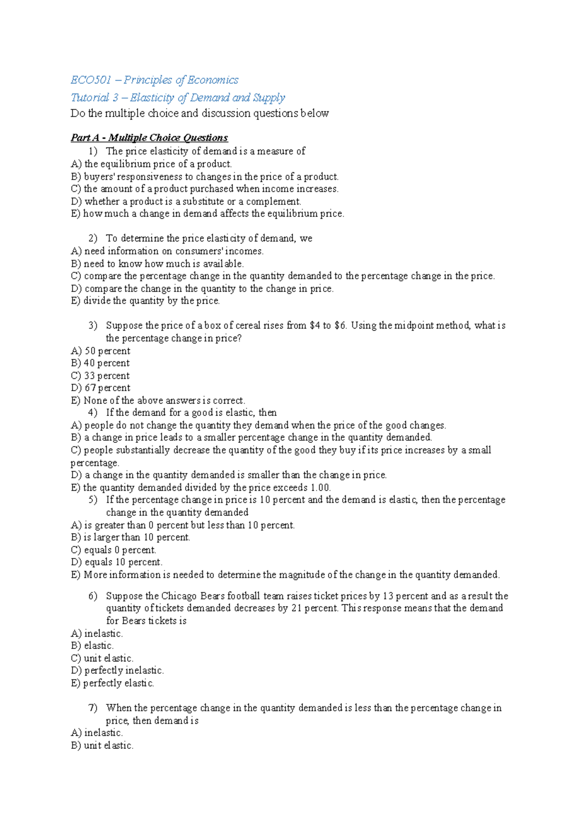 Tutorial 3 Questions - ECO501 – Principles of Economics Tutorial 3 ...