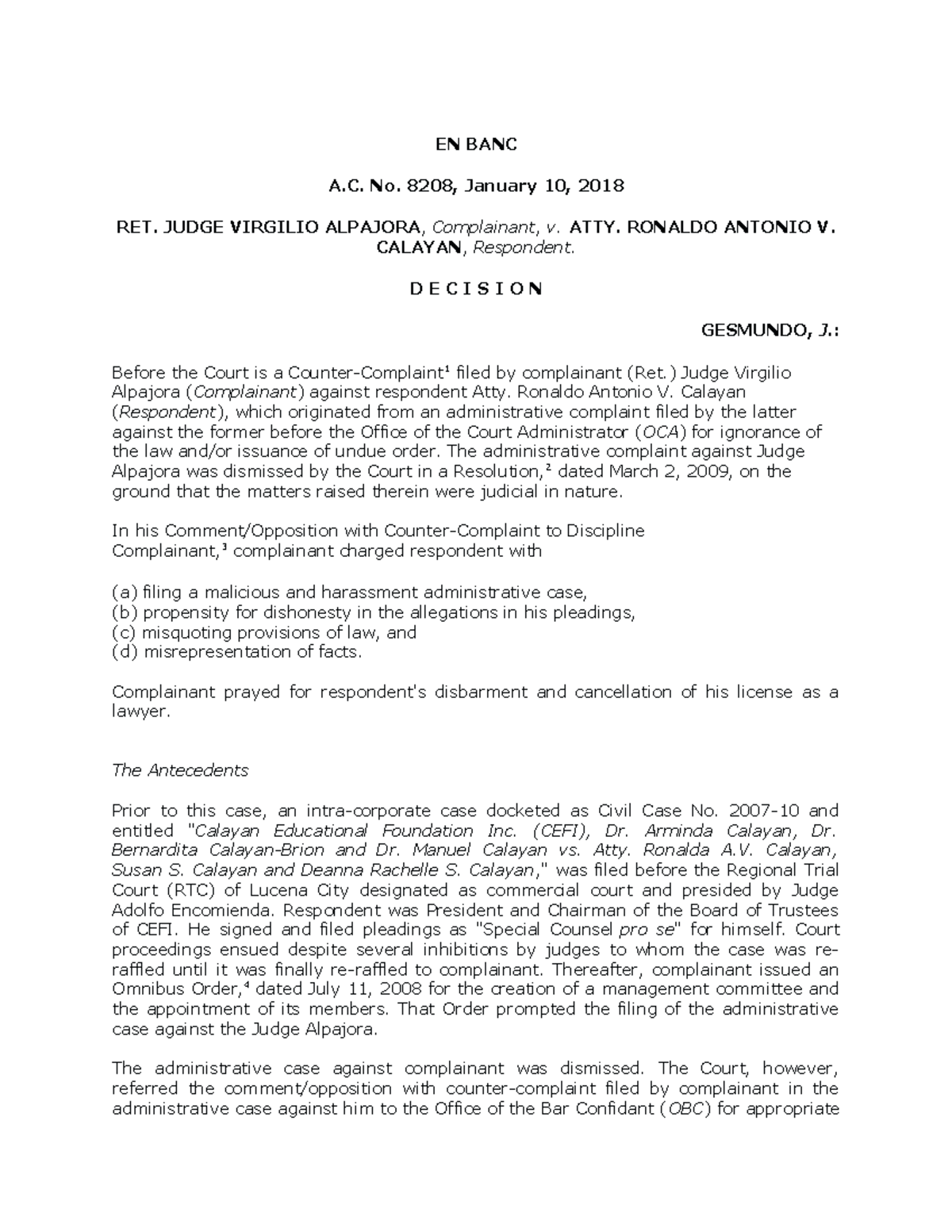 Alpajora v. Calayan, AC No. 8208 (2018 ) - EN BANC A. No. 8208, January ...