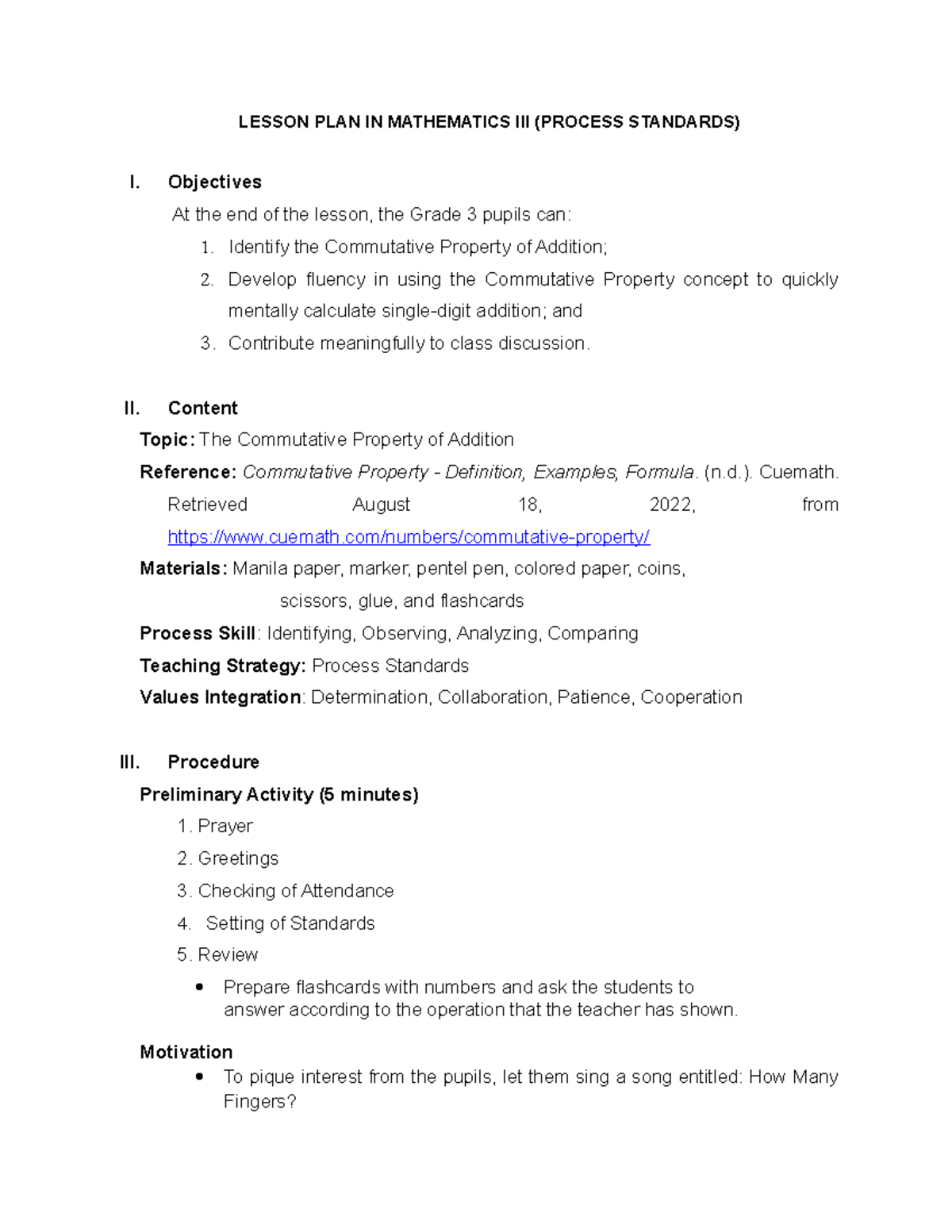 Lesson PLAN IN Mathematics III LESSON PLAN IN MATHEMATICS III