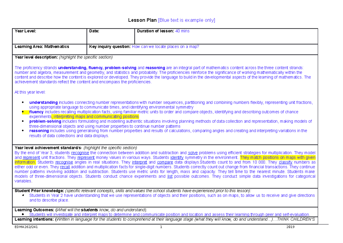 2019 Lesson Plan Format - Lesson Plan [Blue text is example only] Year ...