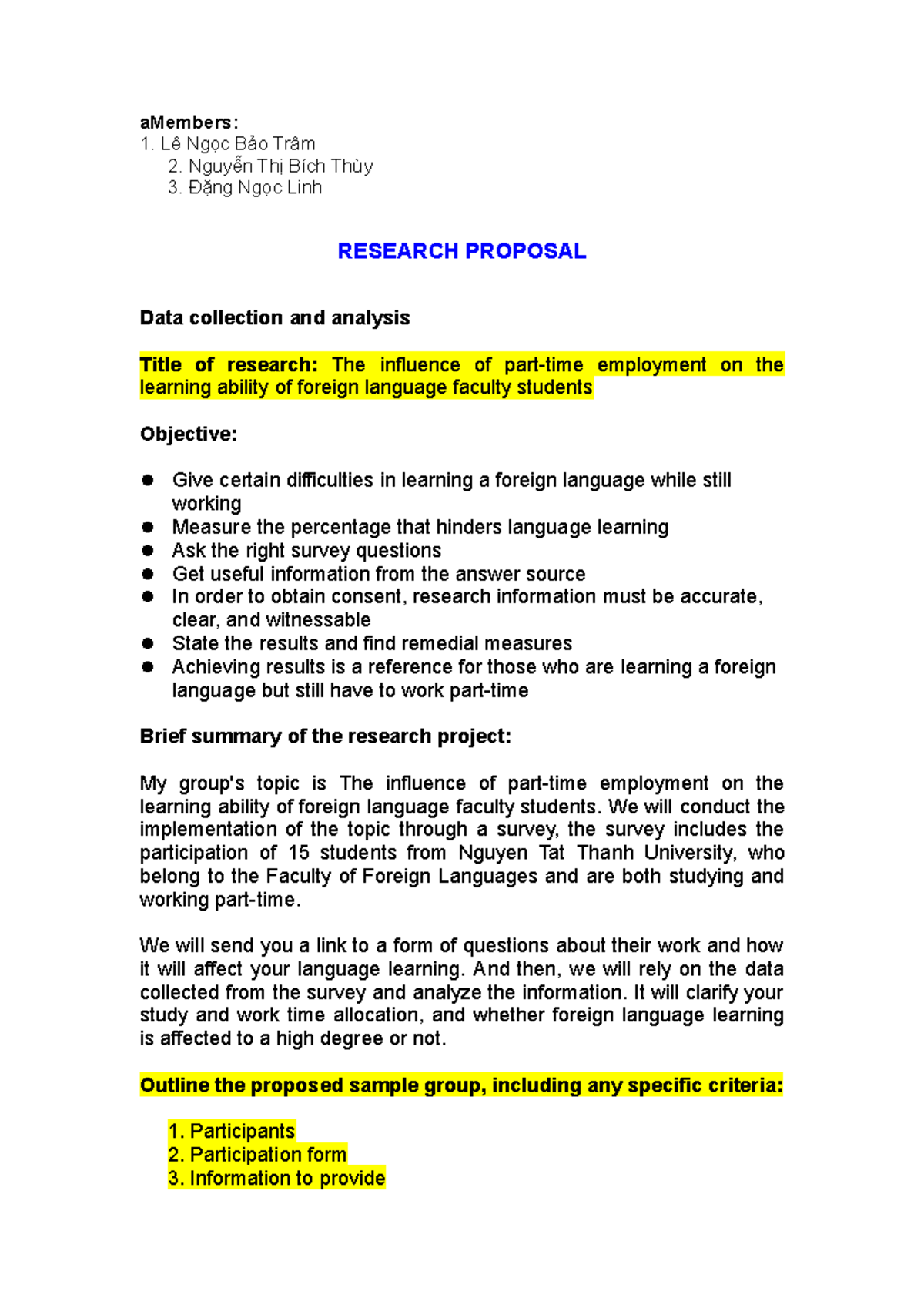 Midterm- Research Proposal - aMembers: Lê Ngọc Bảo Trâm 2. Nguyễn Thị ...
