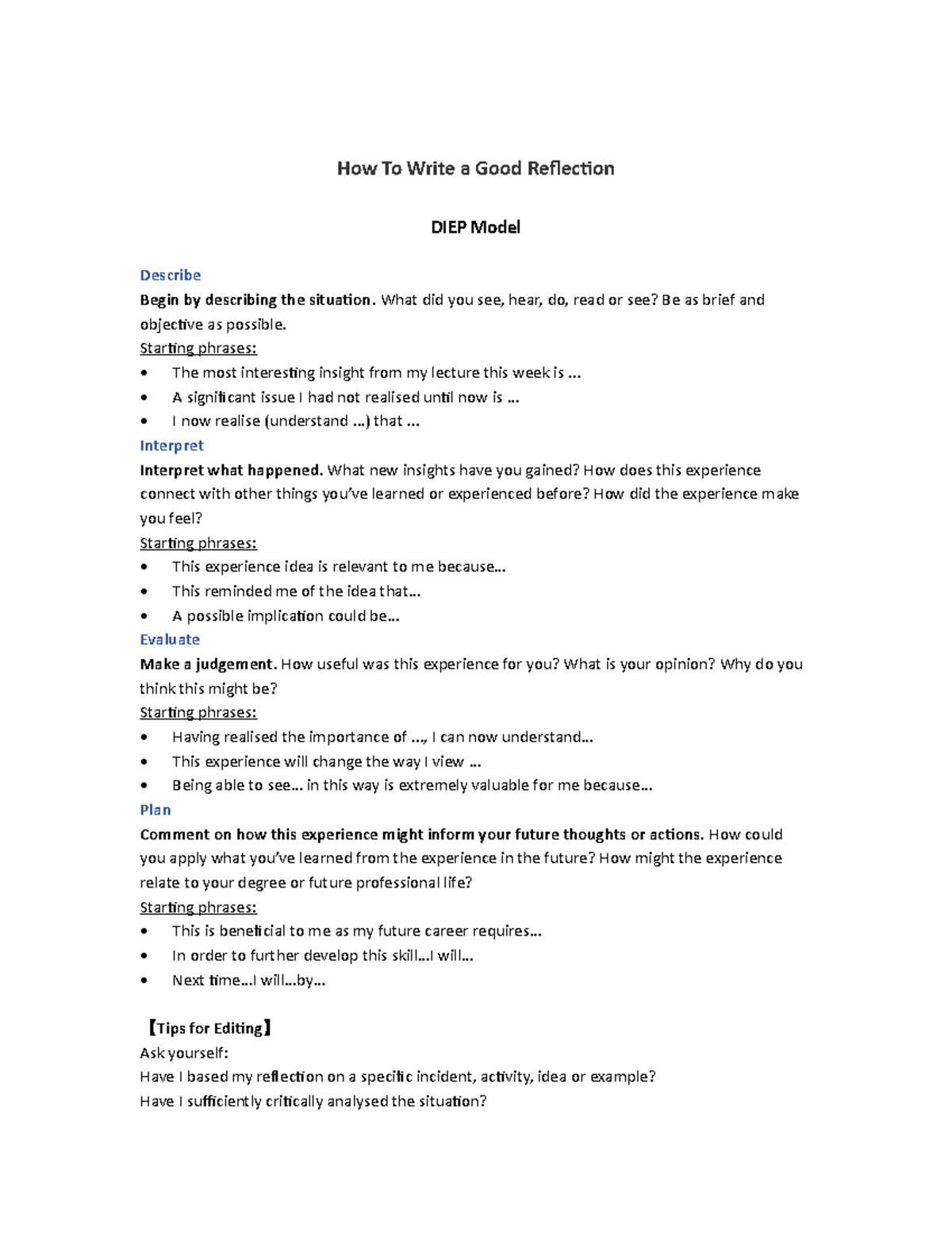 How To Write a Good Reflection - What did you see, hear, do, read or ...