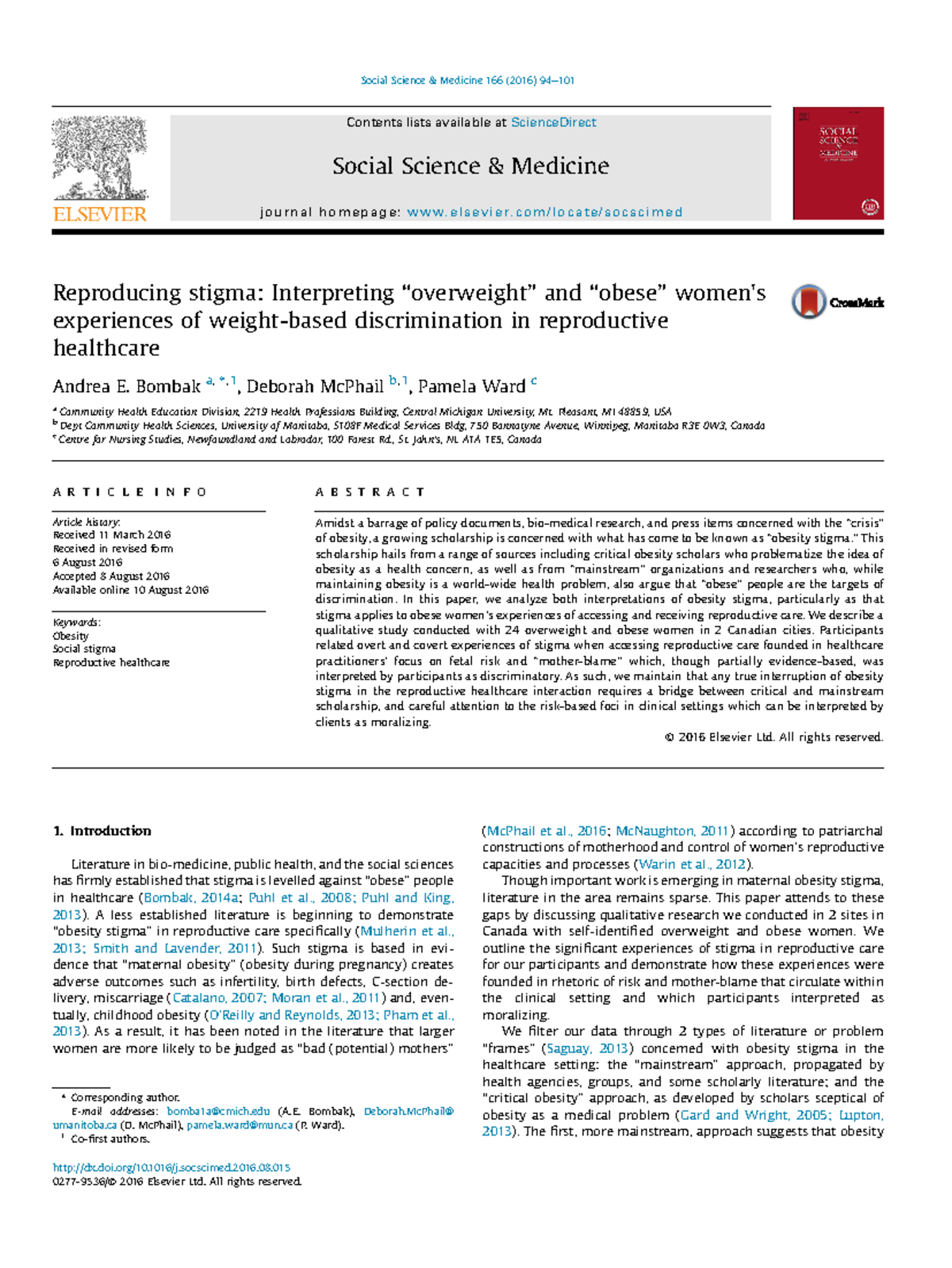 Bombak et al - Article - Reproducing stigma: Interpreting “overweight ...