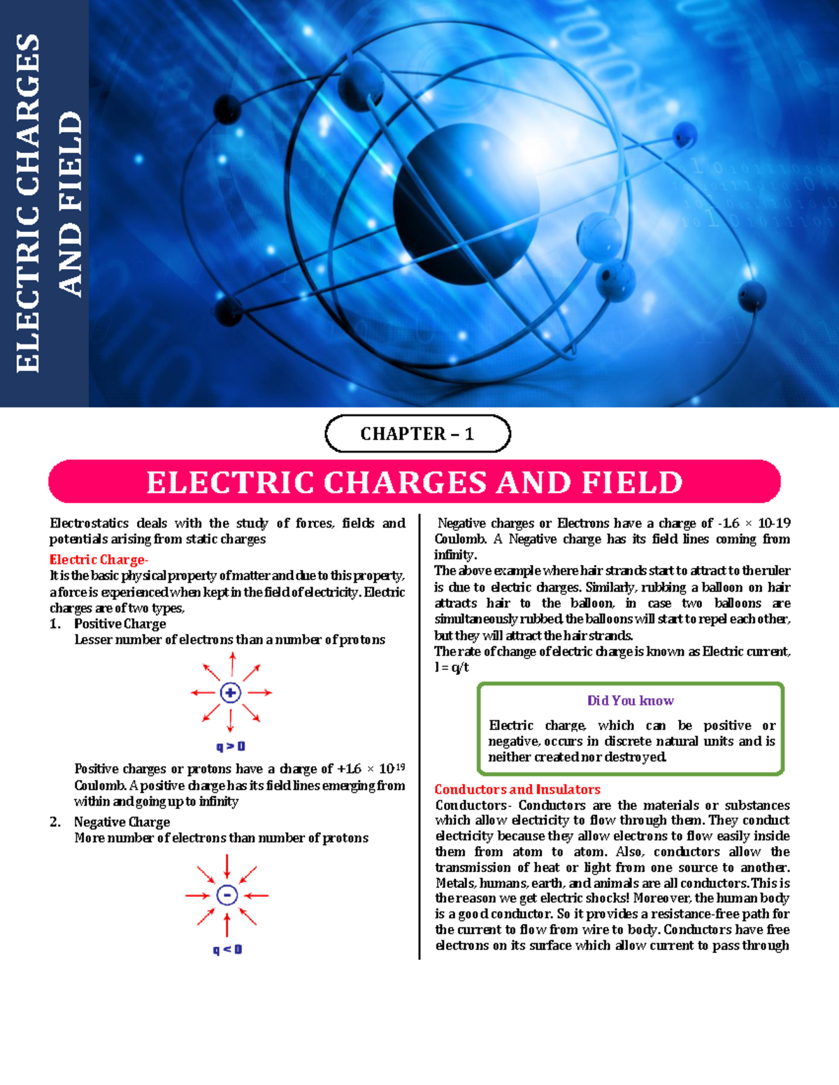 Electric Charges And Field - Electrostatics deals with the study of ...