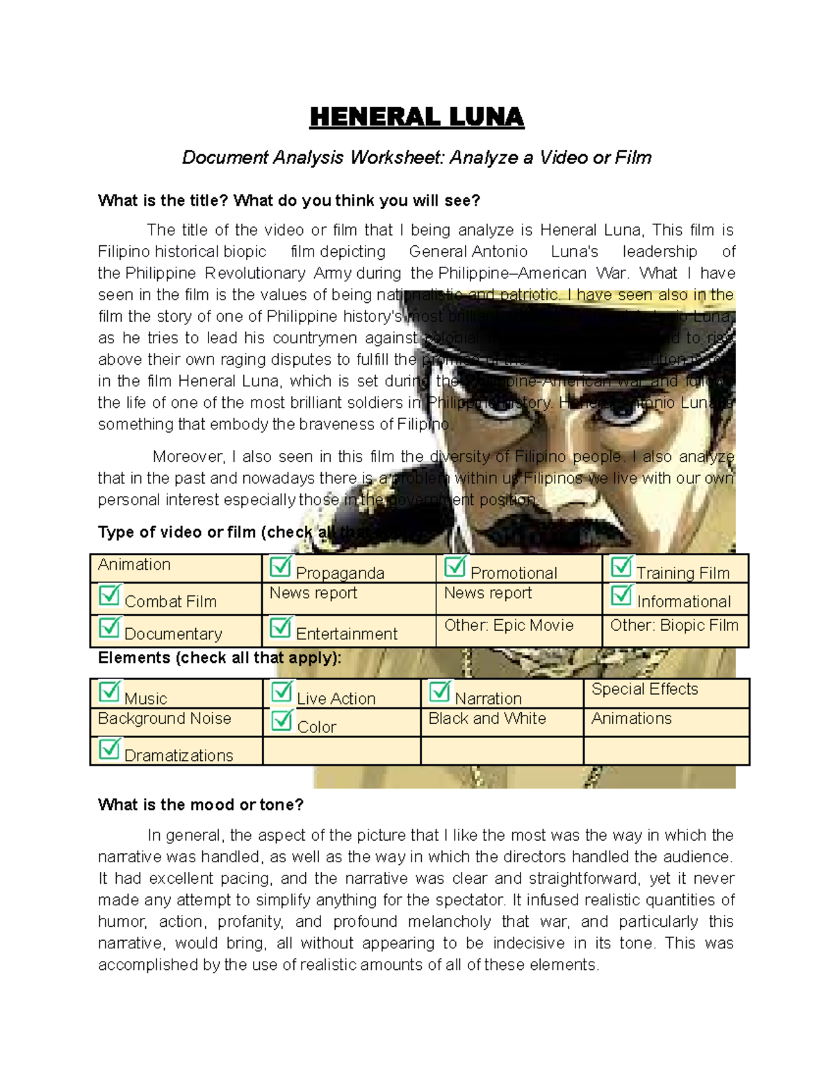 Inbound 2714365768362034192 - HENERAL LUNA Document Analysis Worksheet: Analyze a Video or Film ...