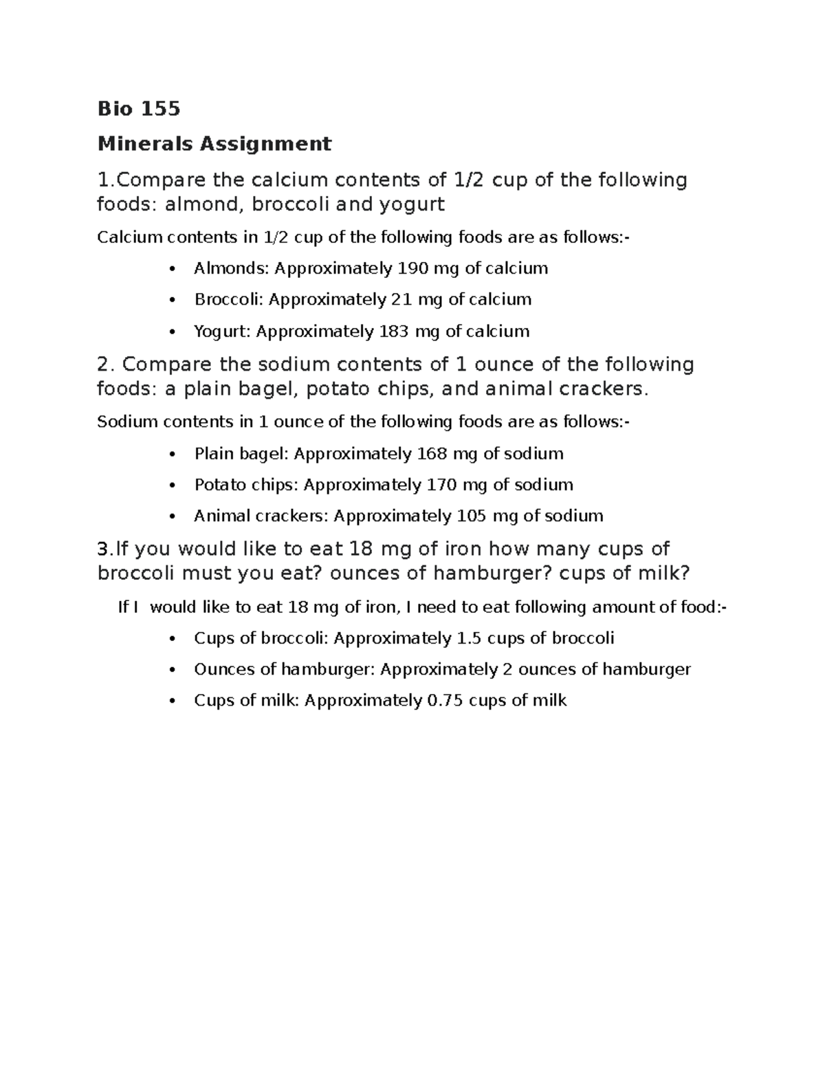 Minerals assignment final - Bio 155 Minerals Assignment 1 the calcium ...
