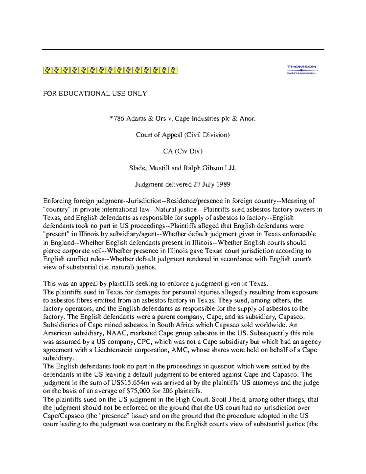 Adams v.Cape Industries - FOR EDUCATIONAL USE ONLY *786 Adams & Ors v ...