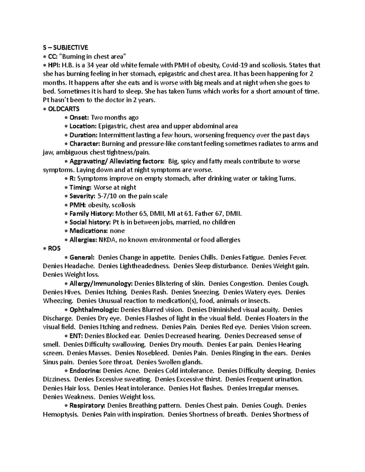 SOAP1 - Nurse Practitioner Primary Care SOAP notes - S – SUBJECTIVE CC ...