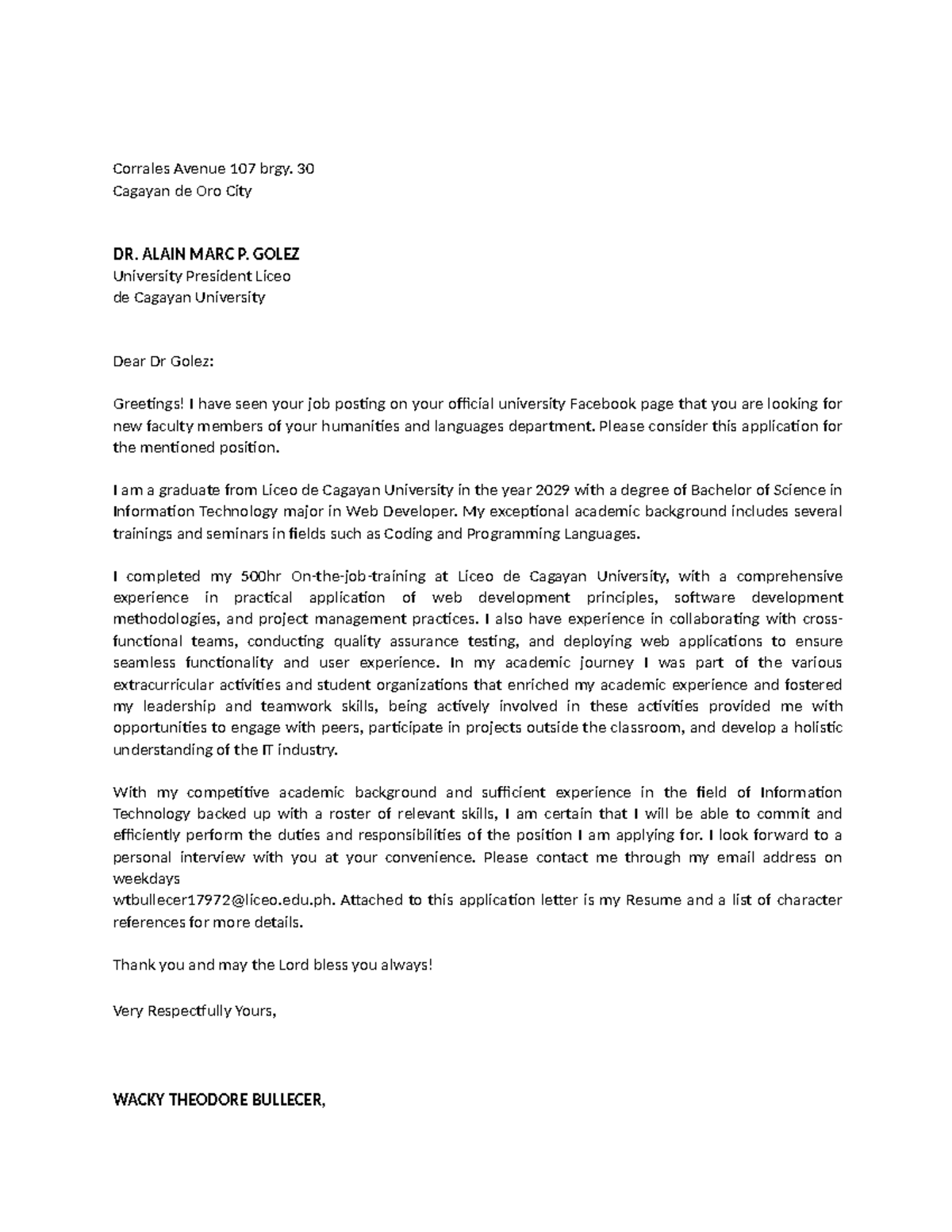 Job-Application- Bullecer - Corrales Avenue 107 brgy. 30 Cagayan de Oro ...