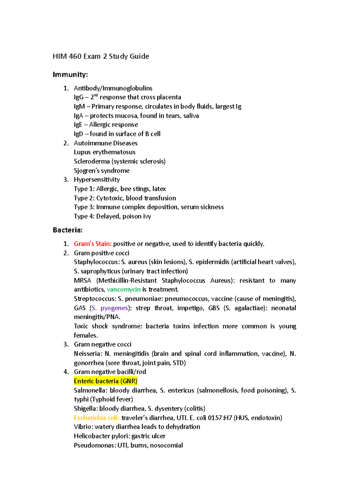 HIM 460 Exam 2 Study Guide - HIM 460 Exam 2 Study Guide Immunity ...