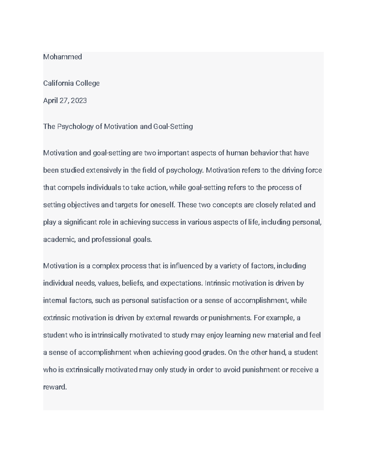 The Psychology of Motivation and Goal-Setting - Mohammed California ...