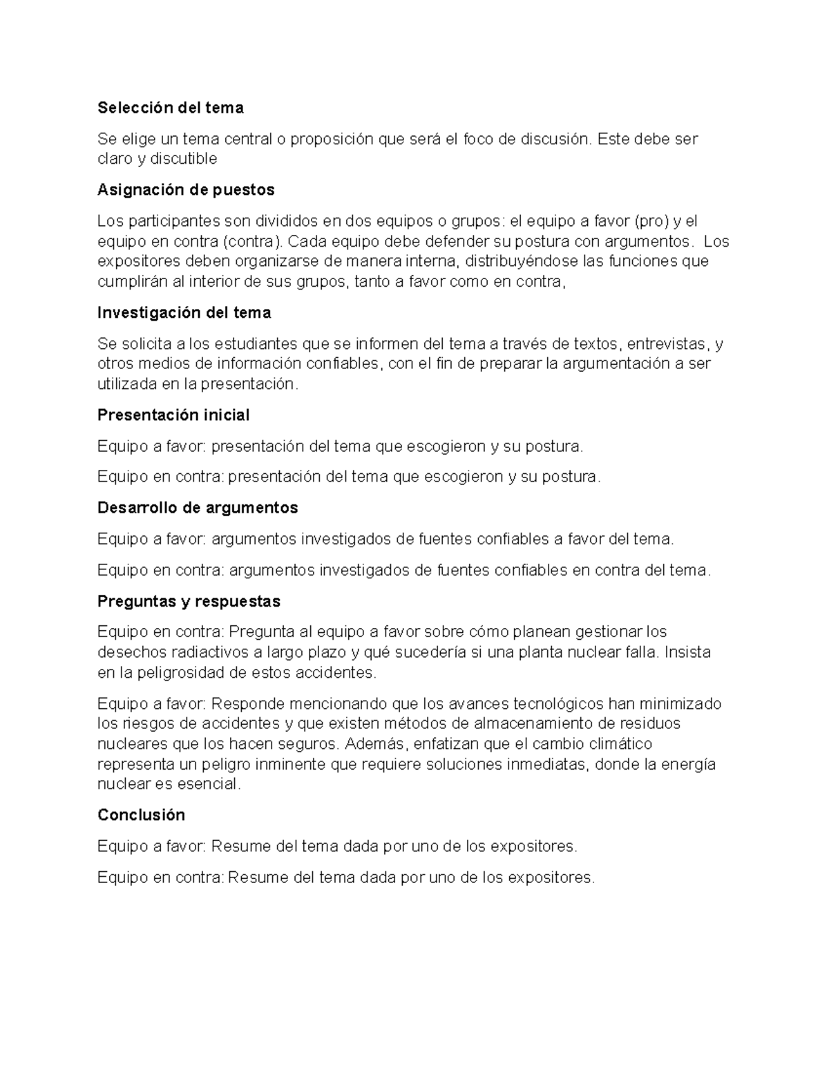 Debate - Selección del tema Se elige un tema central o proposición que ...