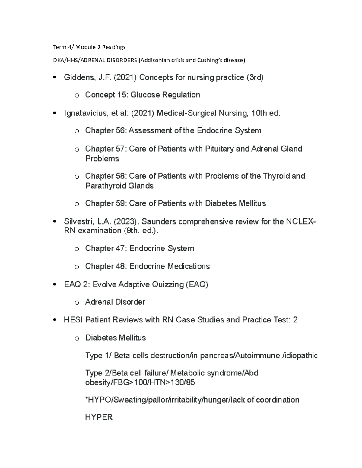 Notes Module 2 NUR2243 - Term 4/ Module 2 Readings DKA/HHS/ADRENAL ...