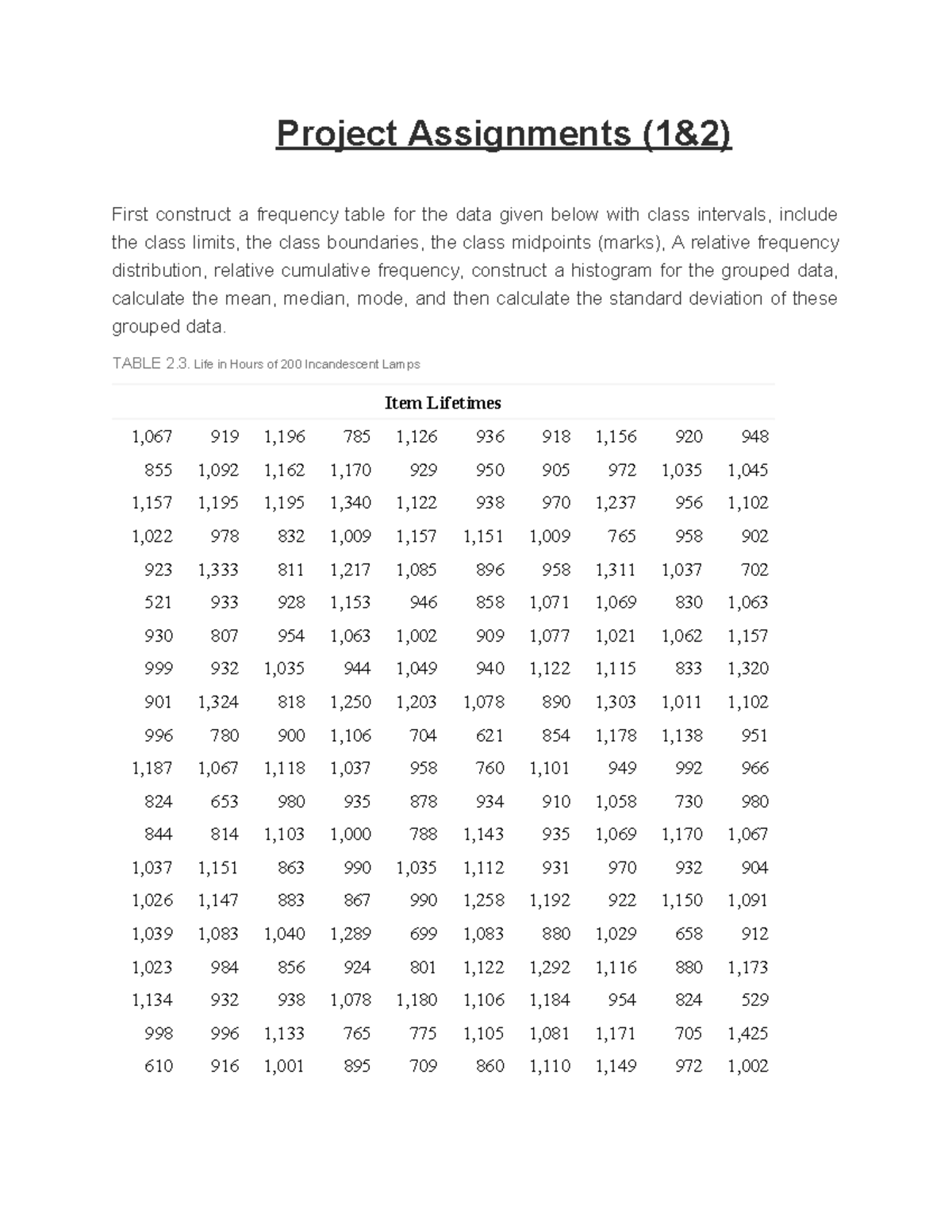 ch 1 in research methodolgy - Project Assignments (1&2) First construct a frequency table for ...