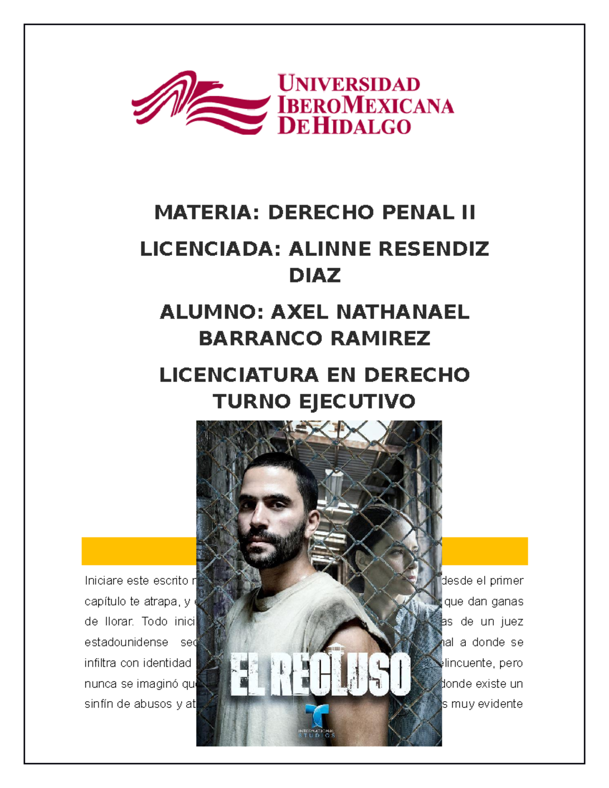 Ensayo EL Recluso AXEL Nathanael Barranco Ramirez - INTRODUCCION ...