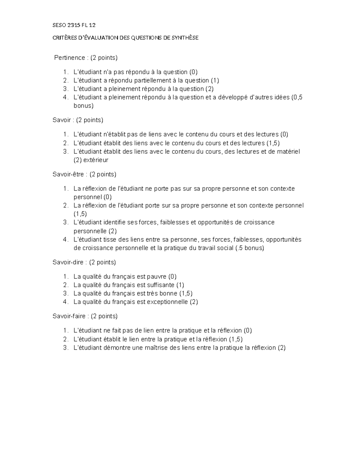 05 SESO 2315F EVAL questionssynthese - SESO 2315 FL 12 CRITÈRES D ...