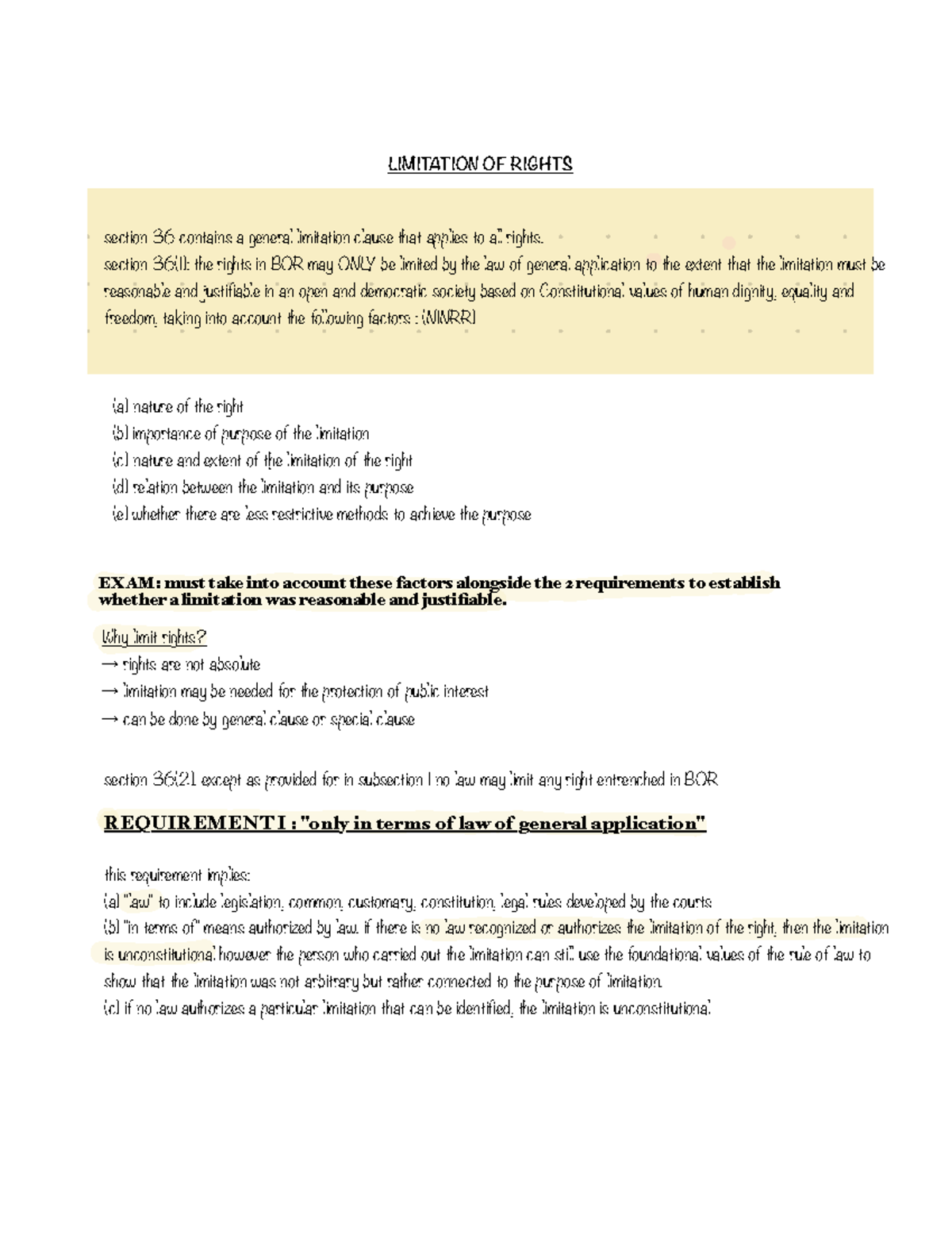 Chapter 18 - study notes - LIMITATION OF RIGHTS REQUIREMENT I : "only ...