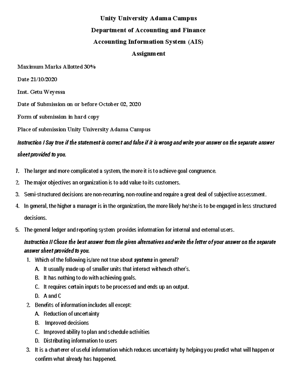 Accounting information system - Unity University Adama Campus ...