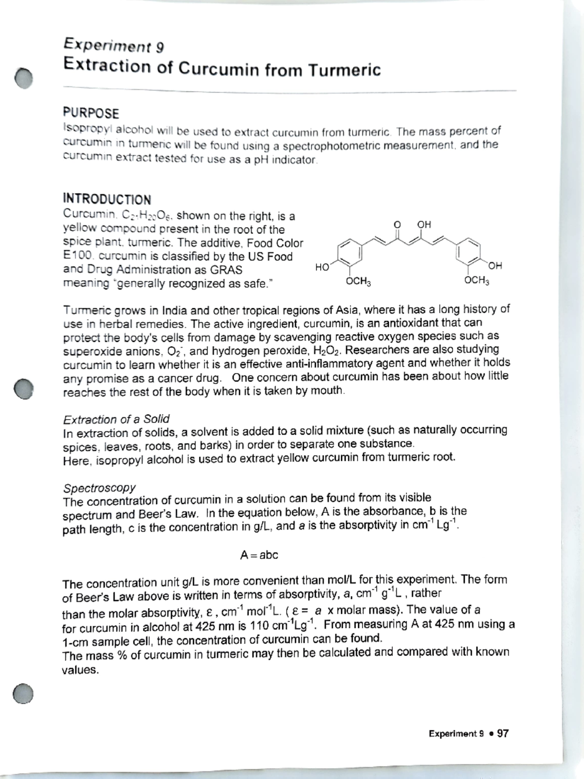 Lab 2 Experiment 9 - lab notes - Experiment 9 Extractionof Curcumin ...