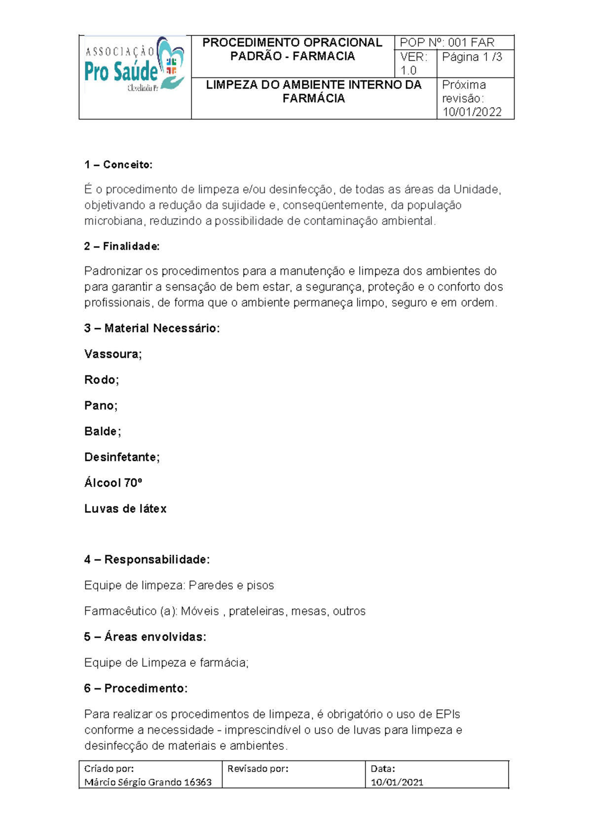 Pop 011 Limpeza DO Ambiente Interno DA Farmã CIA - PROCEDIMENTO ...