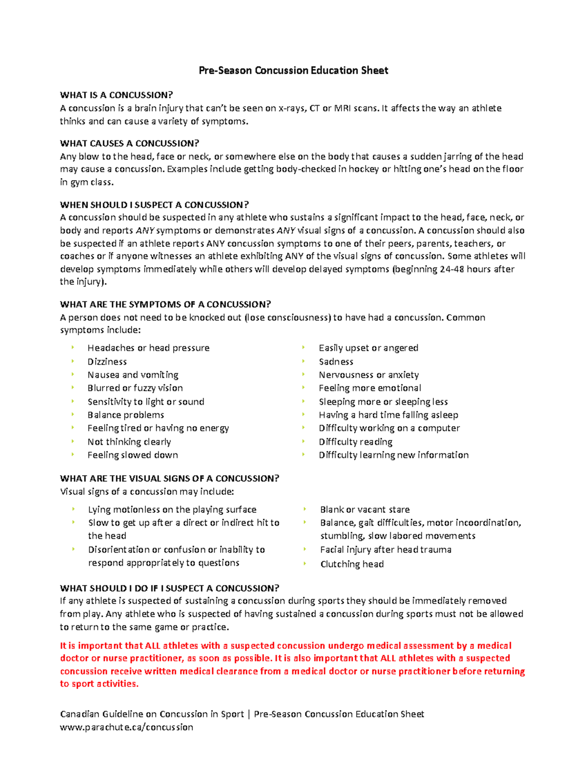 Pre Season Concussion Education Sheet - Pre-­‐Season Concussion ...