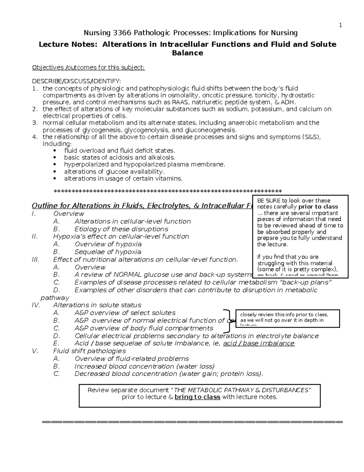 Lecture Notes - fluids, solutes, cells - Nursing 3366 Pathologic ...