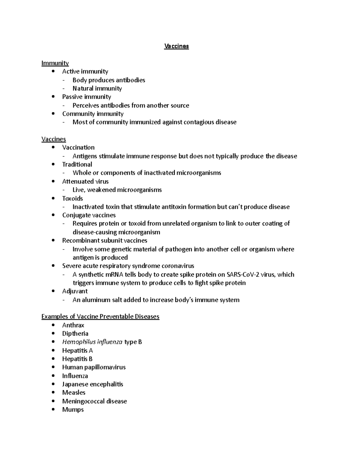 Vaccines SD - class notes - Vaccines Immunity Active immunity - Body ...