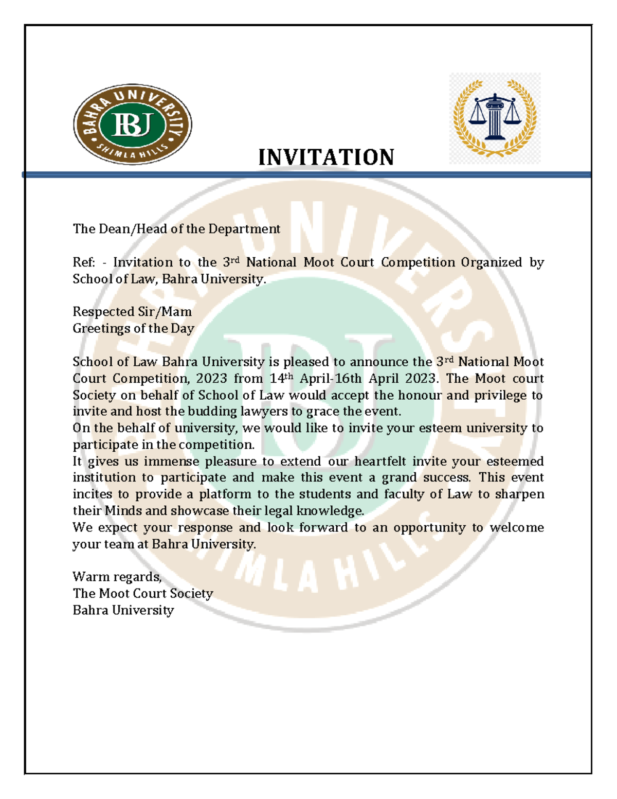 Invitation - Respected Sir/Mam Greetings of the Day School of Law Bahra ...