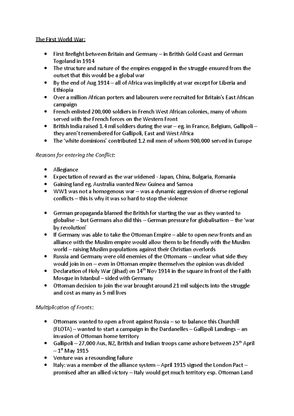 9. The First World War - Lecture notes 1 - The First World War: First ...