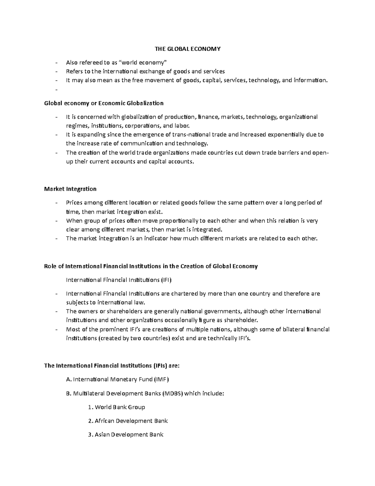 THE- Global- Economy - notes - THE GLOBAL ECONOMY Also refereed to as ...