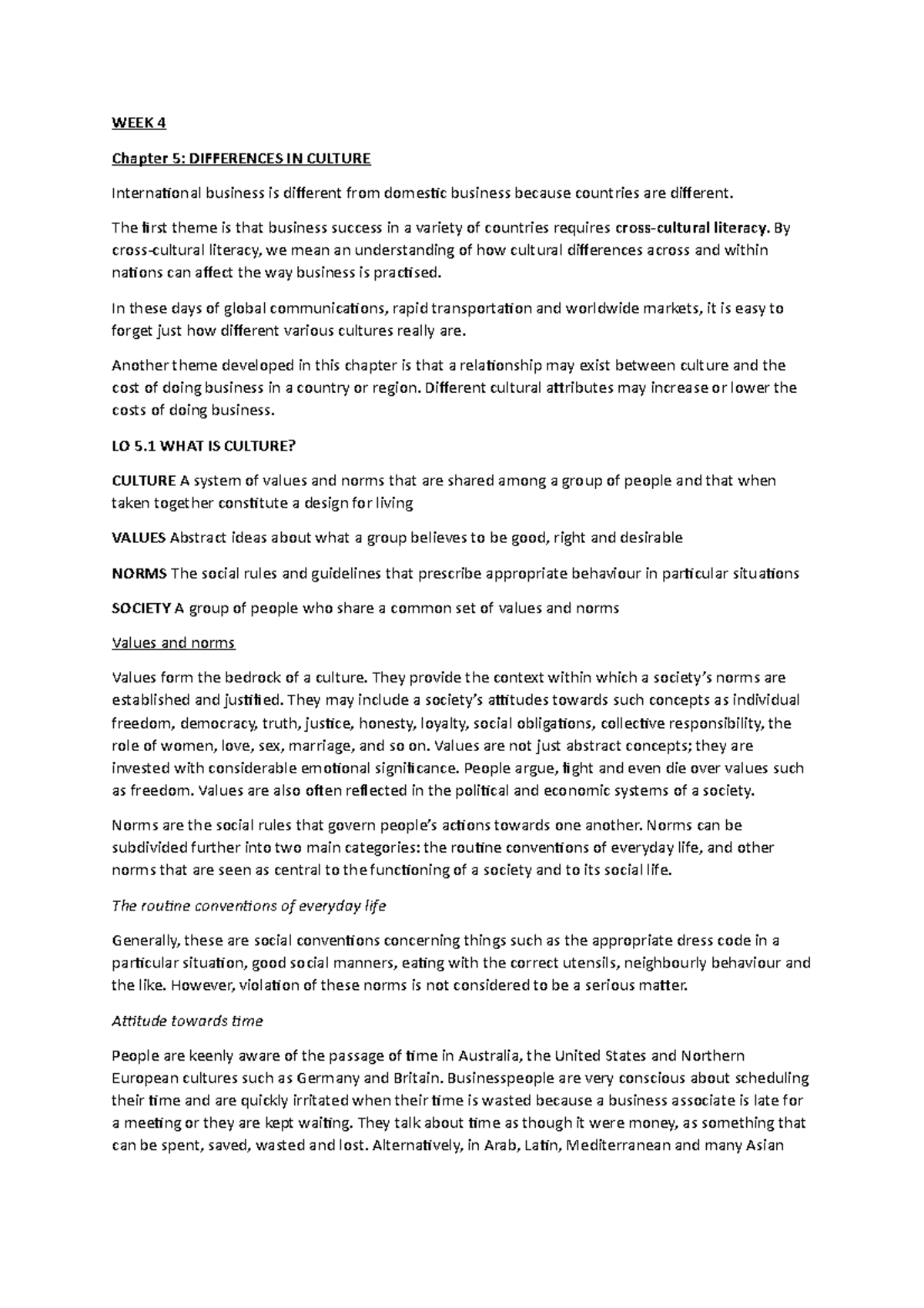 Week 4 Notes - WEEK 4 Chapter 5: DIFFERENCES IN CULTURE International ...