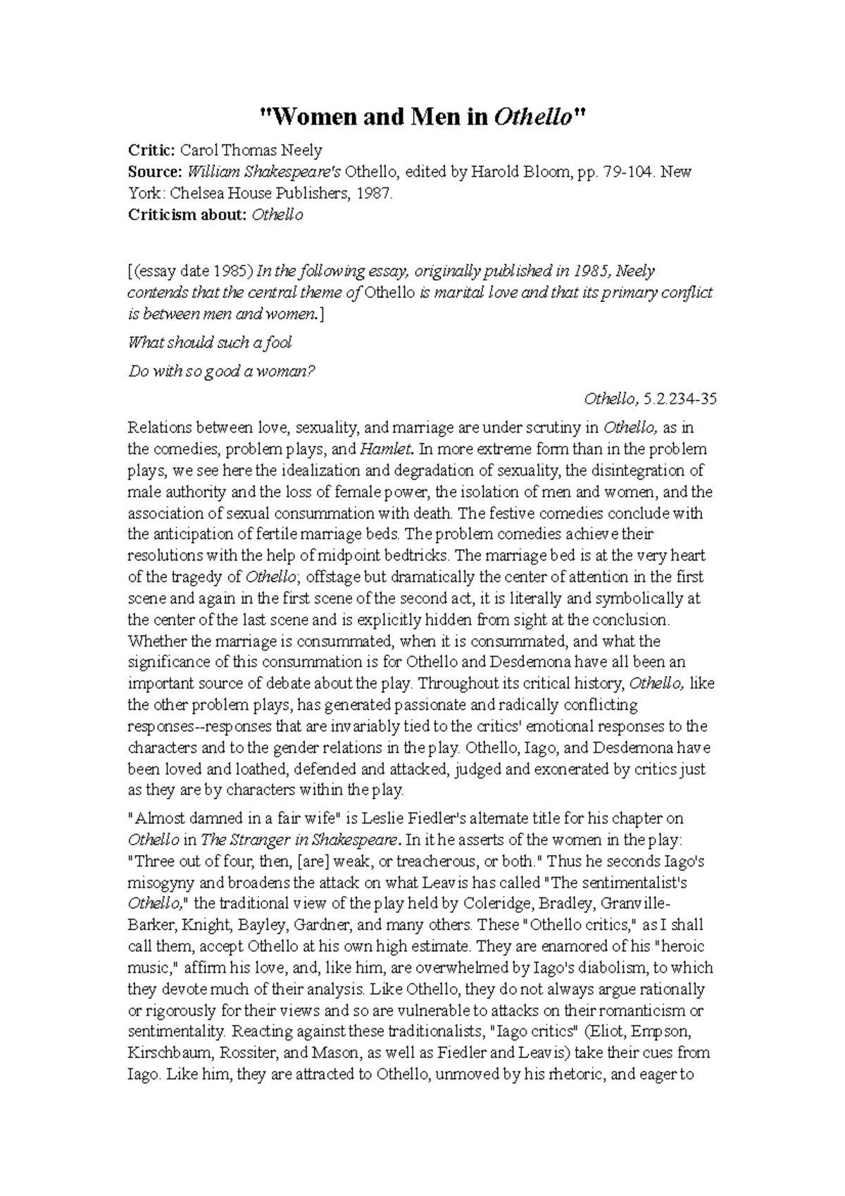 Practice Essay - Women and Men in Othello - "Women and Men in Othello ...