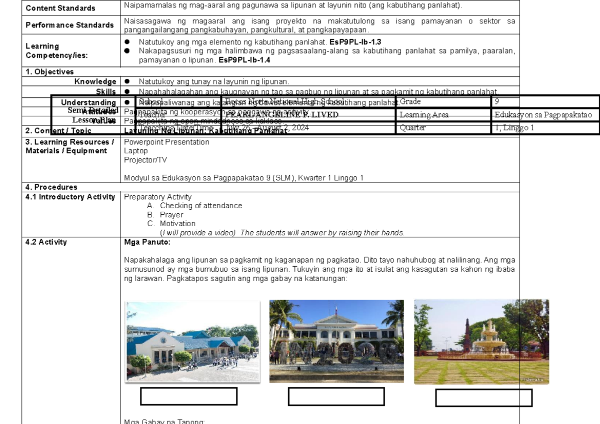 Q1- Week 1 ESP 9 DLP - Lessom Plan - Semi-Detailed Lesson Plan School ...